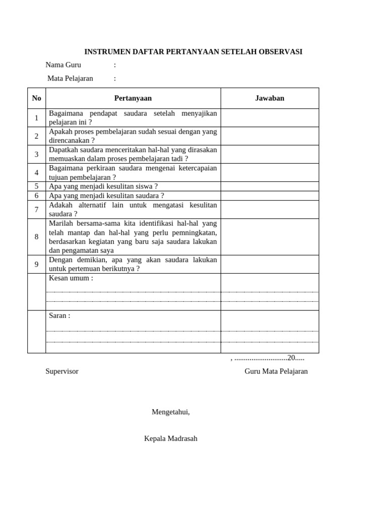 Instrumen Daftar Pertanyaan Setelah Observasi | PDF