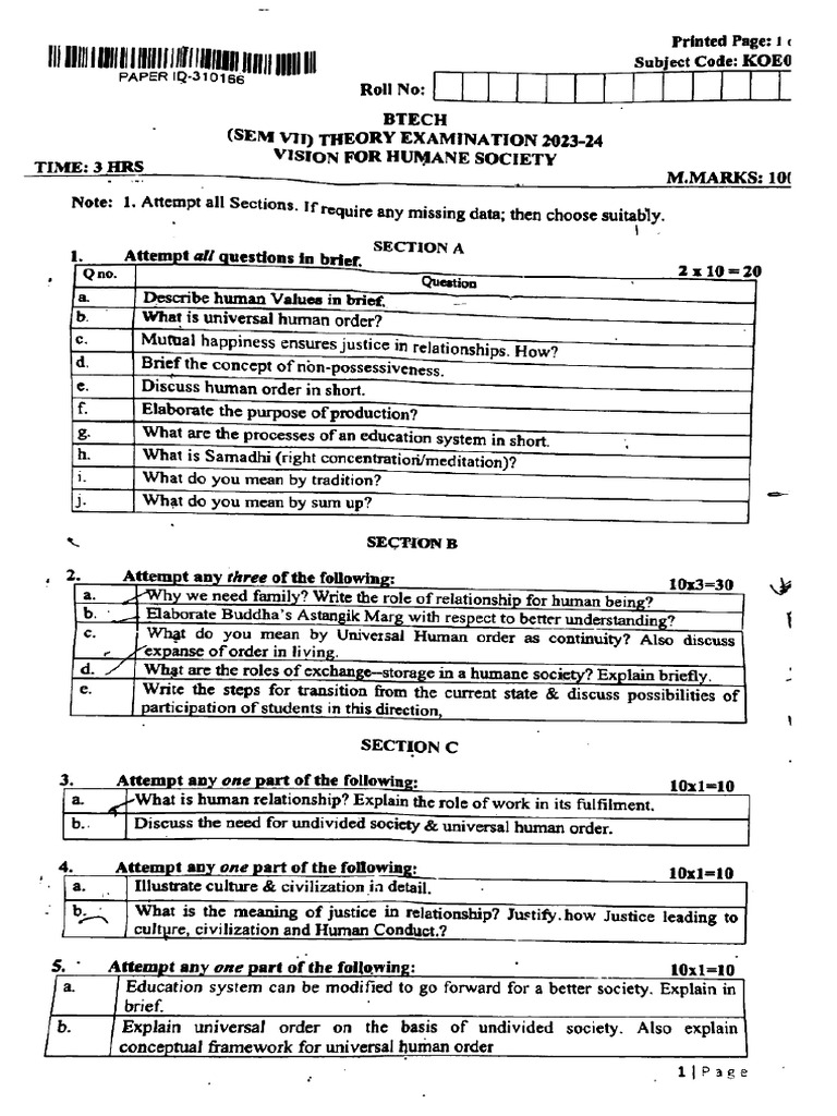Btech Oe 7 Sem Vision for Humane Society Koe076 Jan 2024 | PDF Btech Oe 7 Sem Vision for Humane Society Koe076 Jan 2024 | PDF
