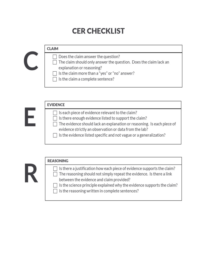 CER Checklist&Sentence Starters | PDF