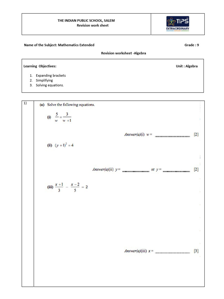 Grade 9 Unit 2 Algebra Revision Ws 1 | PDF