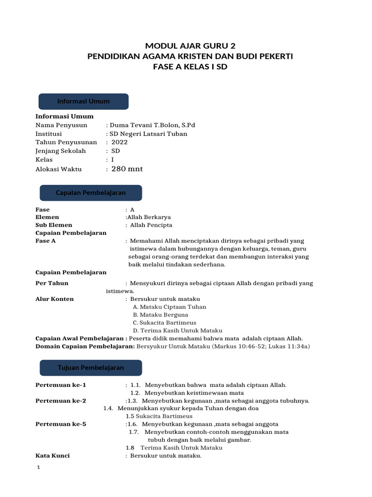II. MODUL AJAR Kls 1 Fixed | PDF