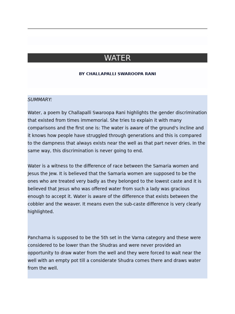 water poem | PDF | Caste | Water