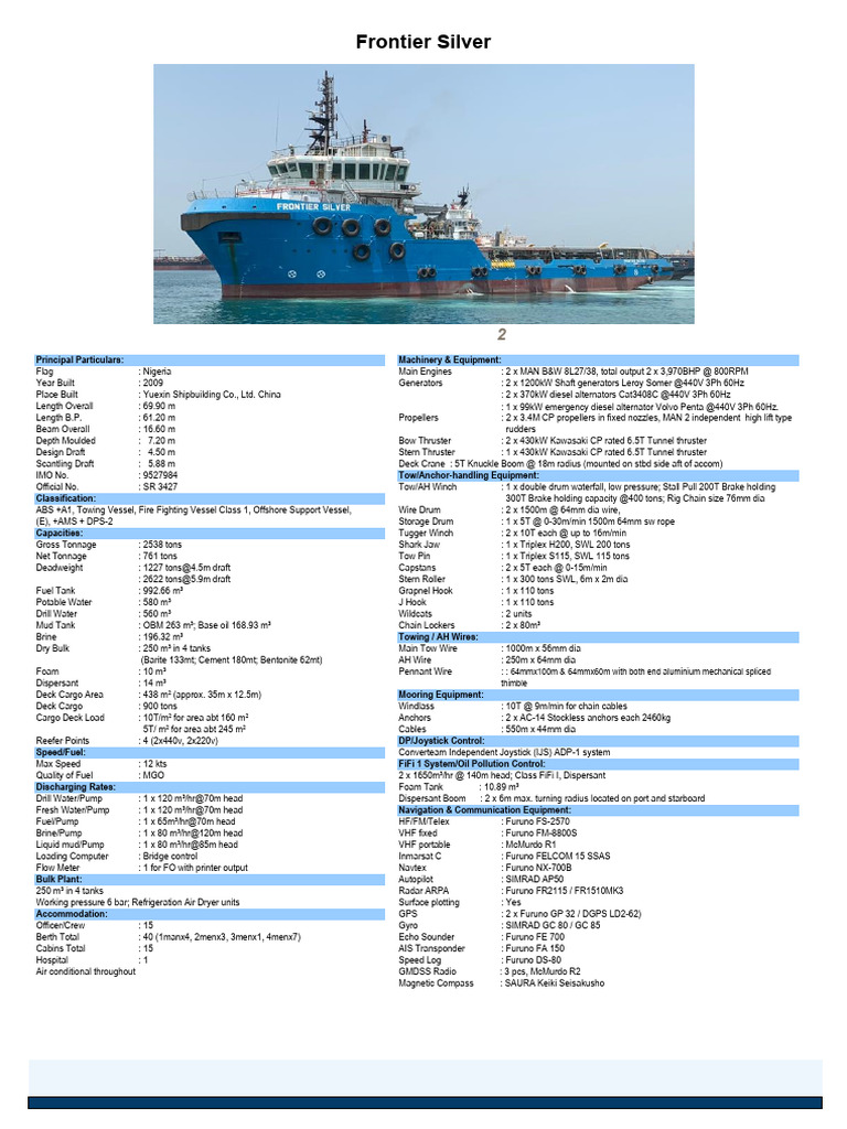 Frontier Silver AHTS Specifications Overview | PDF | Anchor | Shipping