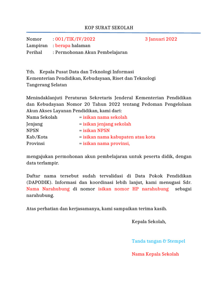 Contoh Surat Permohonan Akun Untuk Peserta Didik | PDF