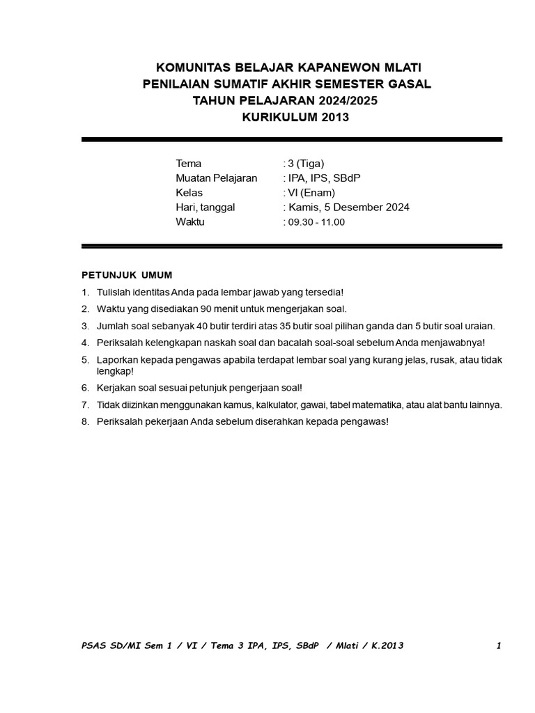 Soal Psas Kelas 6 Tema 3 Ipa, Ips, SBDP | PDF