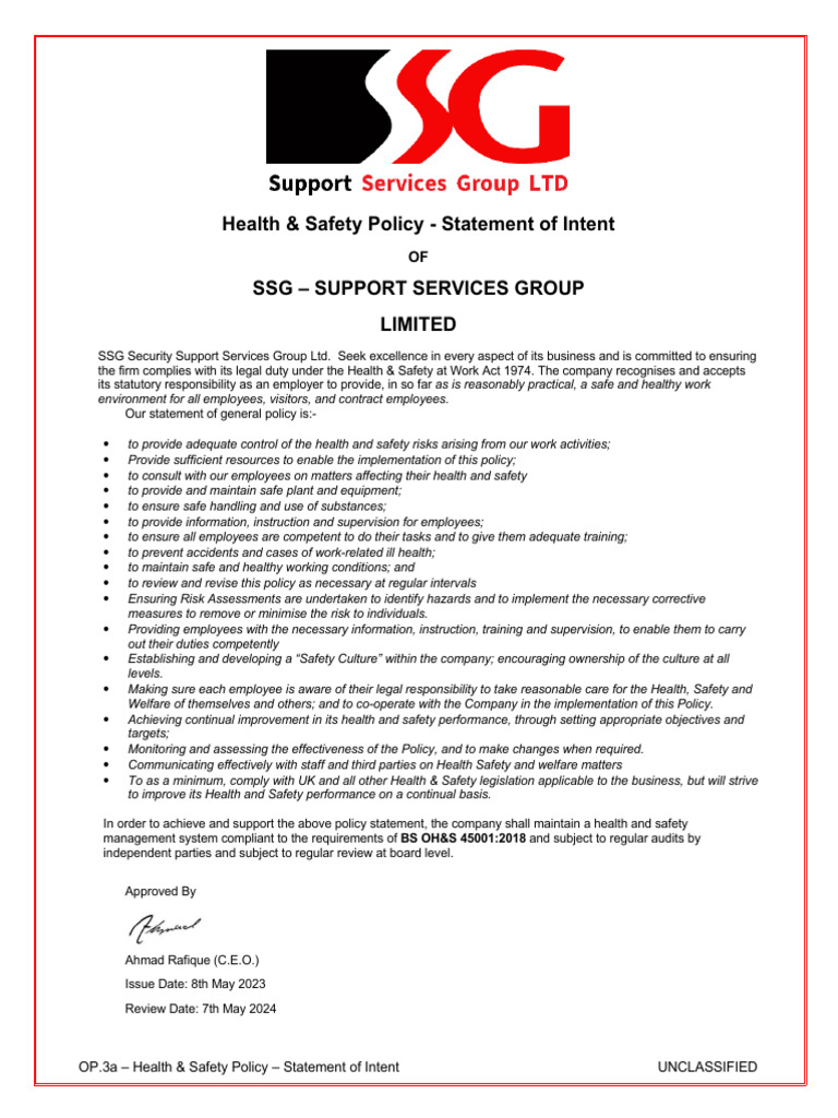 OP.3a SSG Health Safety Policy Statement of Intent 2023 | PDF ...