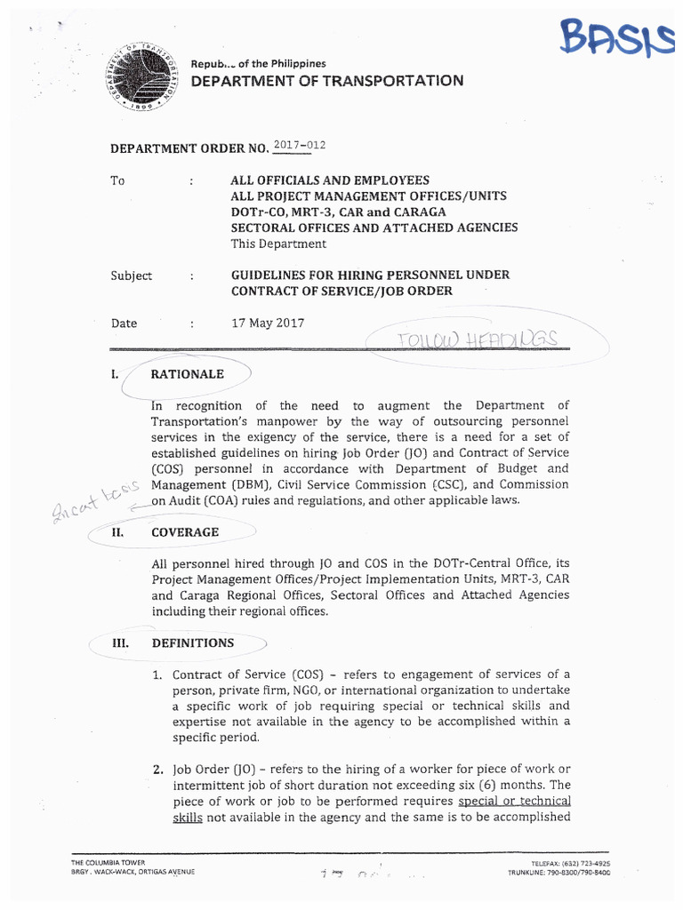 Guidelines For Hiring Personnel Under Contract of Service, Job Order | PDF