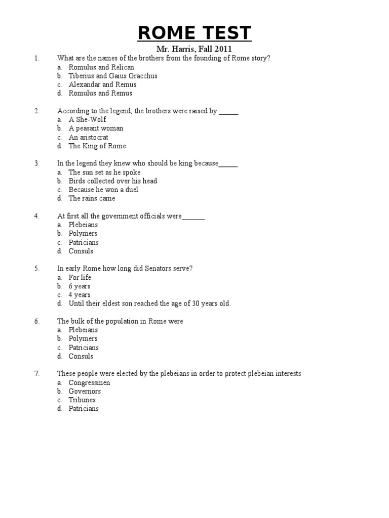 Ancient Rome Test Questions | PDF | Ancient Rome | Augustus