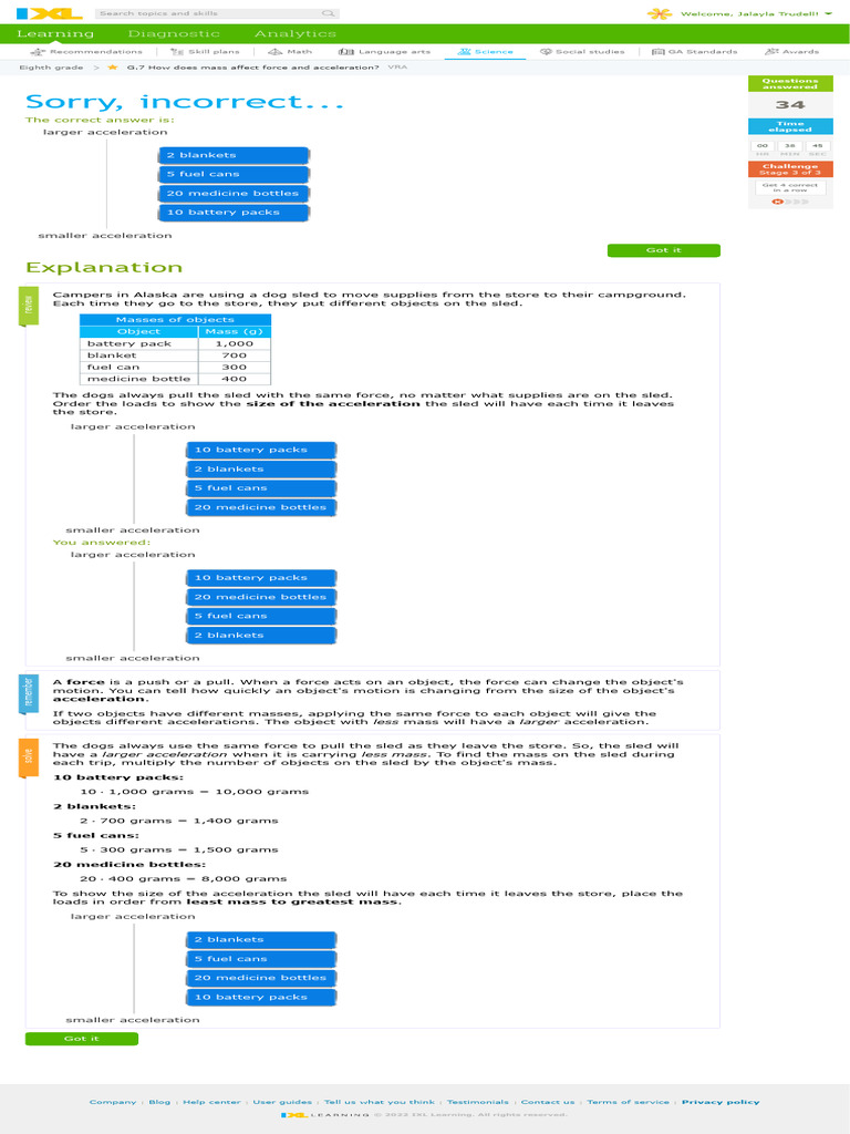 IXL How Does Mass Affect Force and Acceleration 8th Grade Science | PDF ...