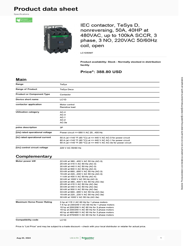 Schneider Electric - TeSys-Deca-Contactors - LC1D50M7 | PDF ...