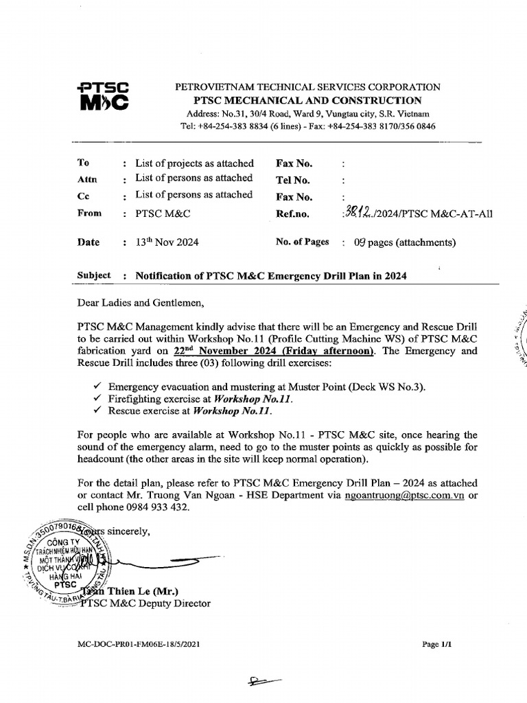 3812 - Notification of PTSC M&C Emergency Drill Plan in 2024 | PDF
