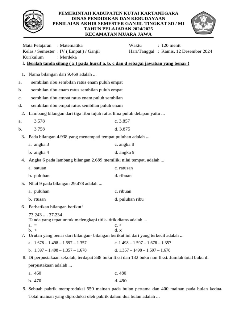 Master Soal Pas MTK Kelas 4 Tahun 2024 | PDF