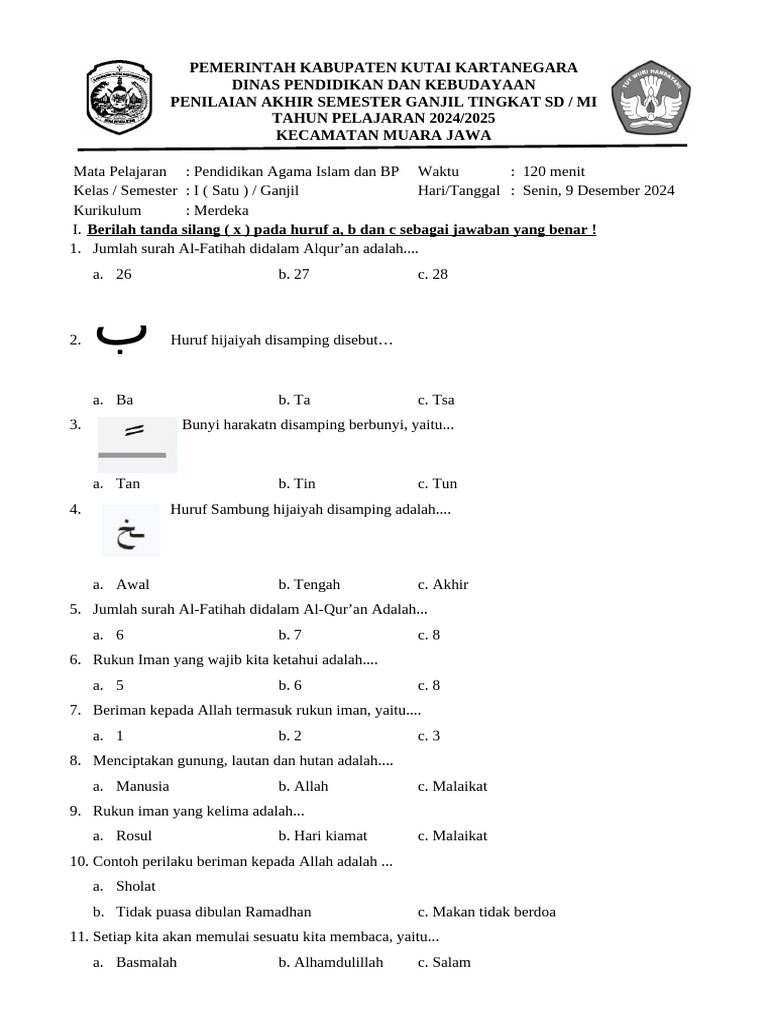 Naskah Soal Pai Dan BP Kelas 1 Kumer | PDF