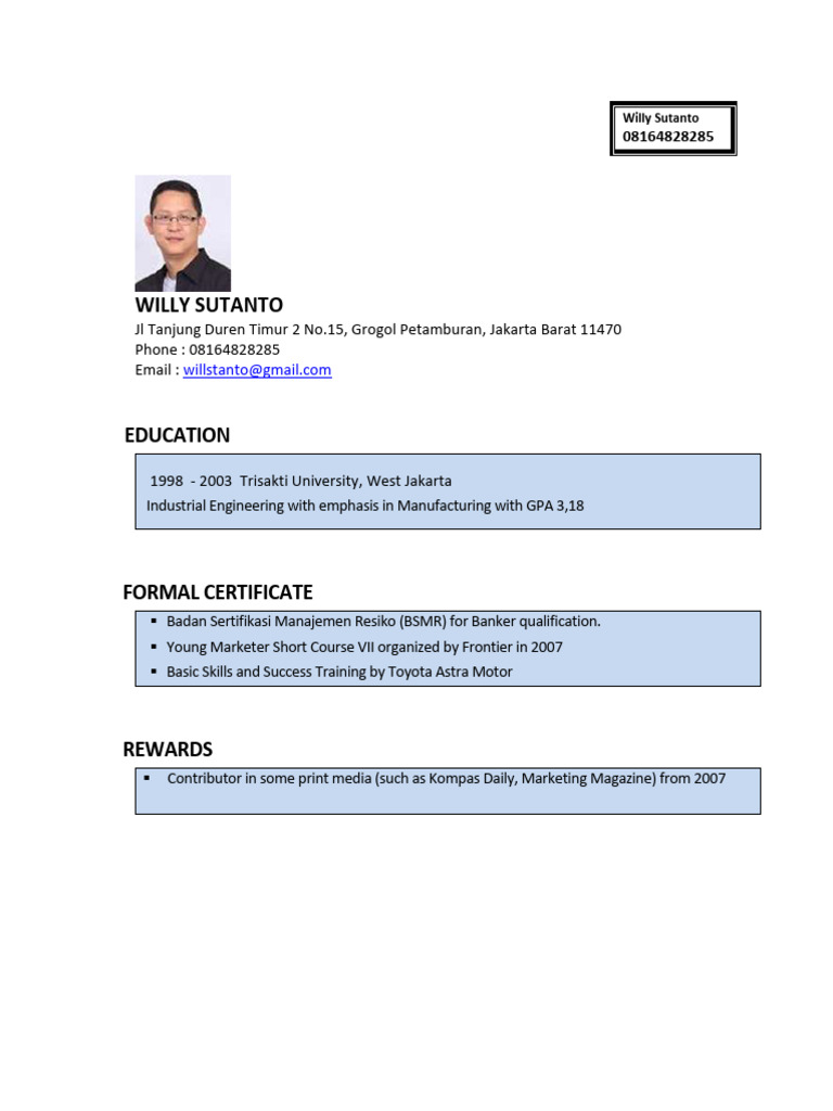 CV Willy Sutanto | PDF | Credit Card | Business