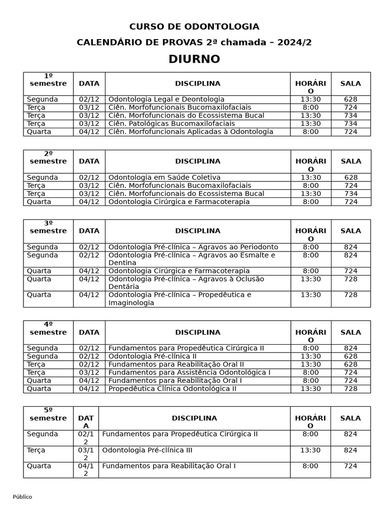 Calendário de Provas 2ª Chamada Geral | PDF | Odontologia | Sistema de saúde