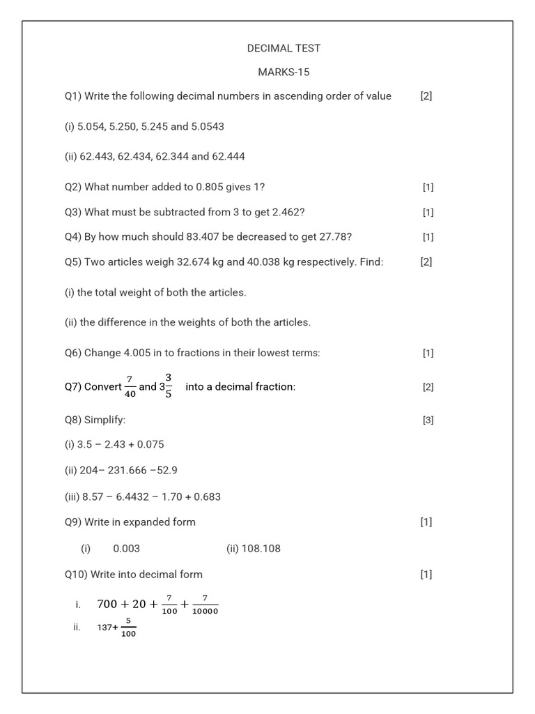 Decimal Test Pdf