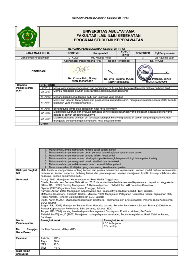 RPS D-III Kep (Manajemen Keperawatan) Sudah Ok | PDF