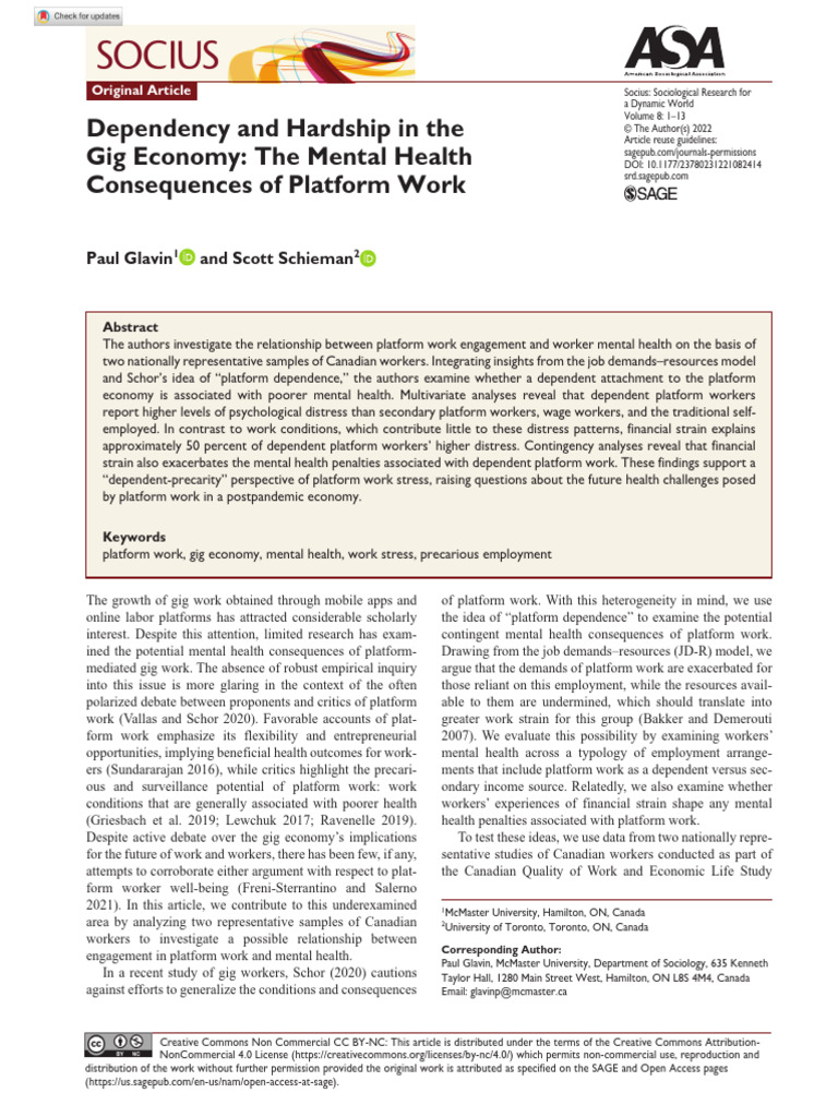 Glavin Schieman 2022 Dependency and Hardship in The Gig Economy The ...