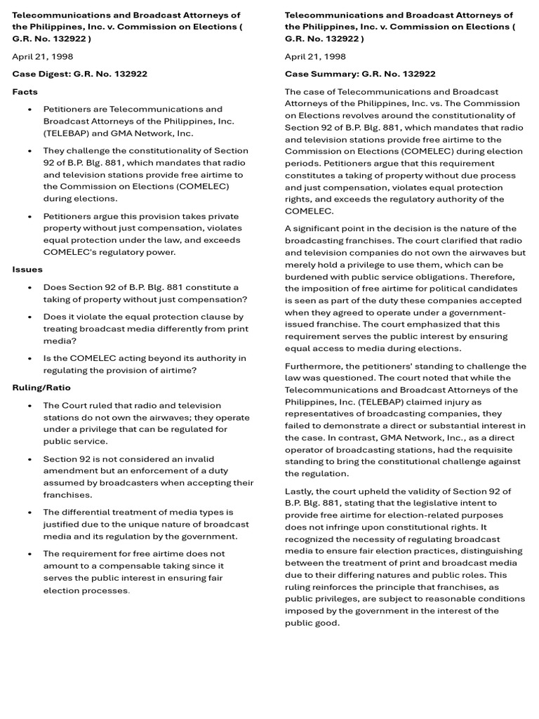 Telecom Attorneys vs. COMELEC Airtime Case | PDF | Equal Protection ...