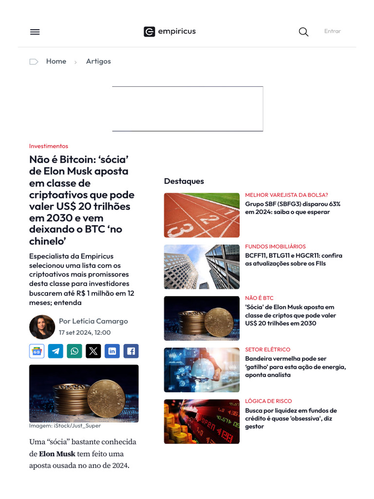 Não É Bitcoin - Sócia' de Elon Musk Aposta em Classe de Criptoativos Que Pode Valer US$ 20 ...