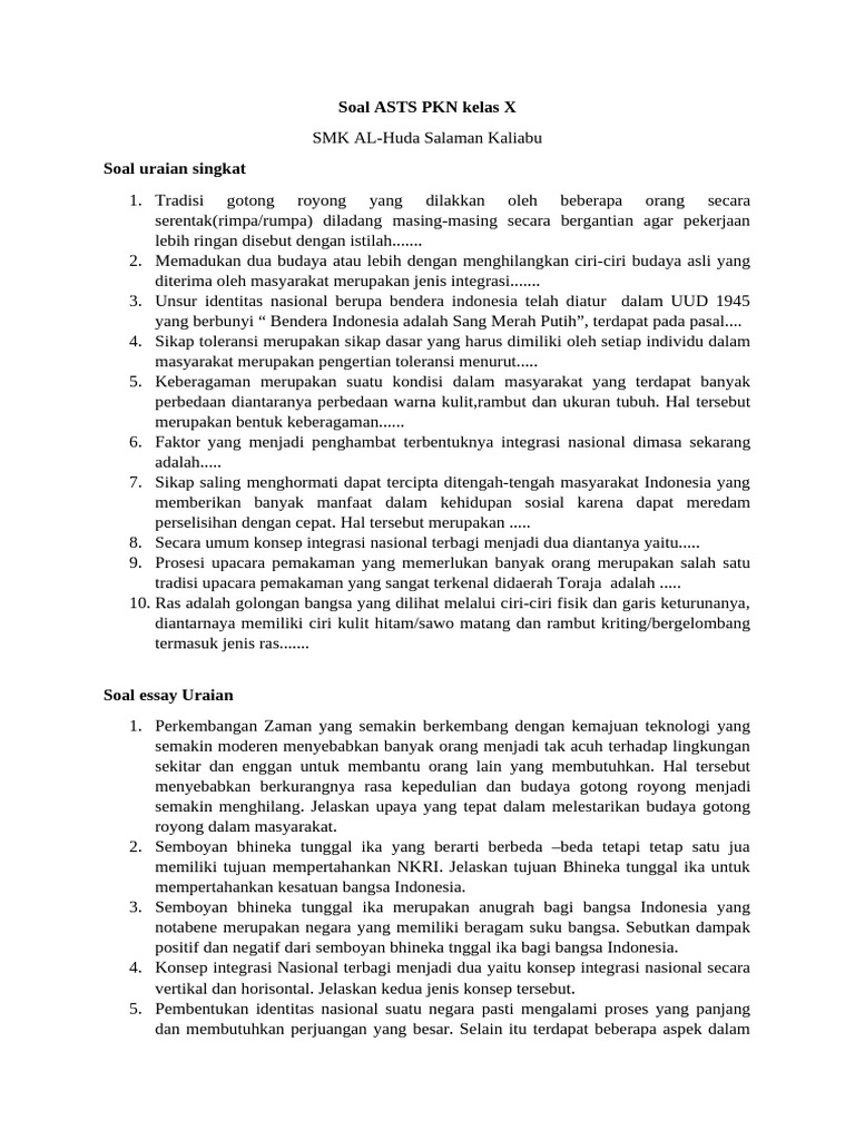 Soal ASTS PKN Kelas X | PDF