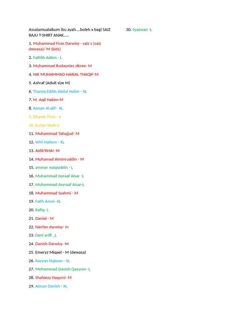 Saiz Baju | PDF