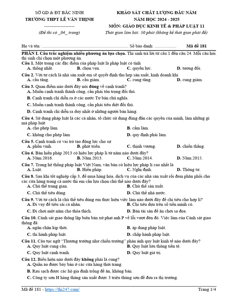 De Khao Sat GDKTPL 11 Dau Nam 2024 2025 Truong THPT Le Van Thinh Bac Ninh | PDF