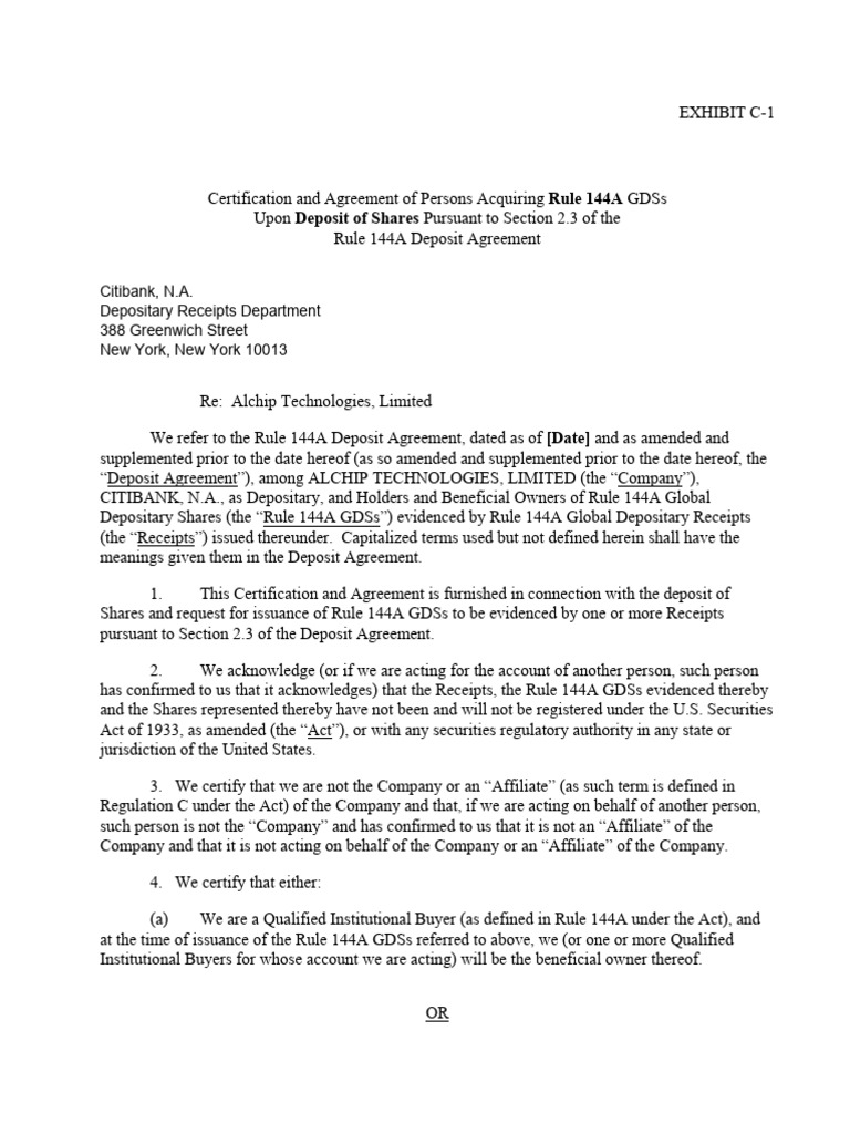 Rule 144A GDS Certification Agreement | PDF | Securities (Finance ...