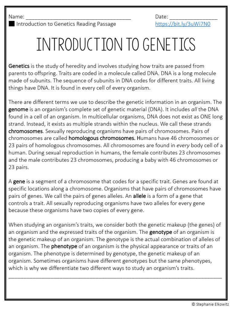 Introduction To Genetics Reading Passage | PDF | Gene | Genetics