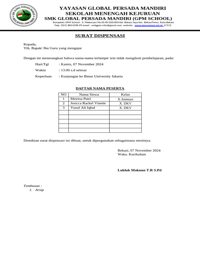 Surat Dispensasi SMK GPM Bekasi | PDF