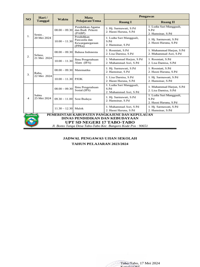JADWAL PENGAWAS UJIAN TAHUN PELAJARAN 2023-2024 | PDF