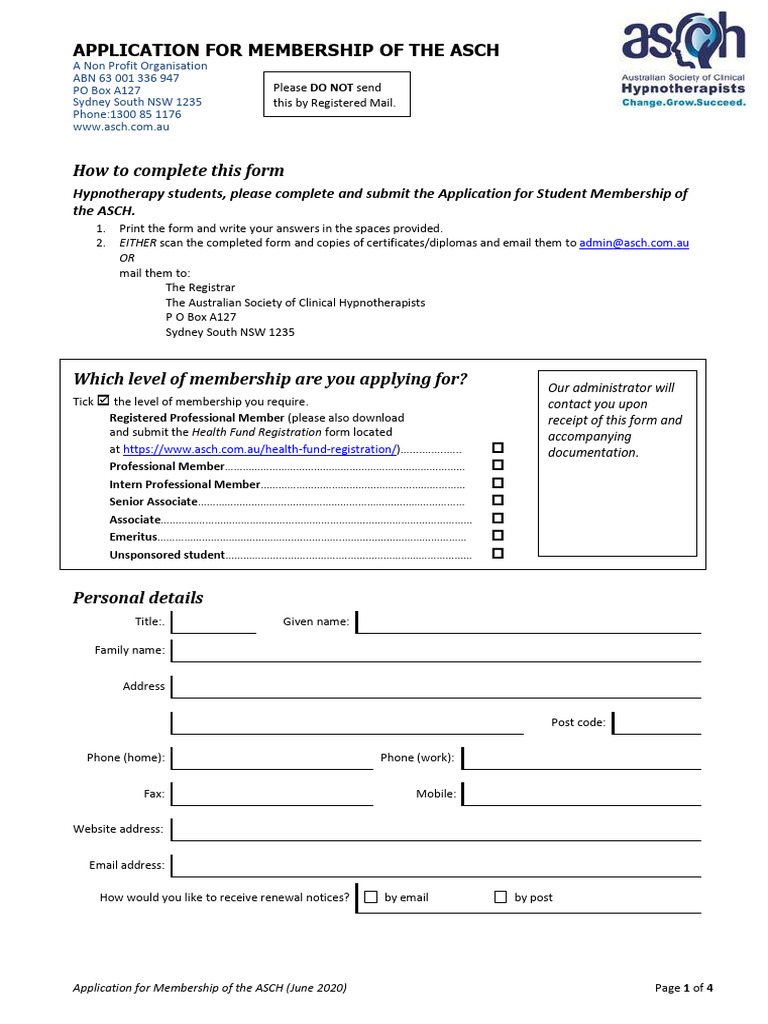 ASCH New-Member-Application-Form | PDF | Hypnotherapy | Crimes