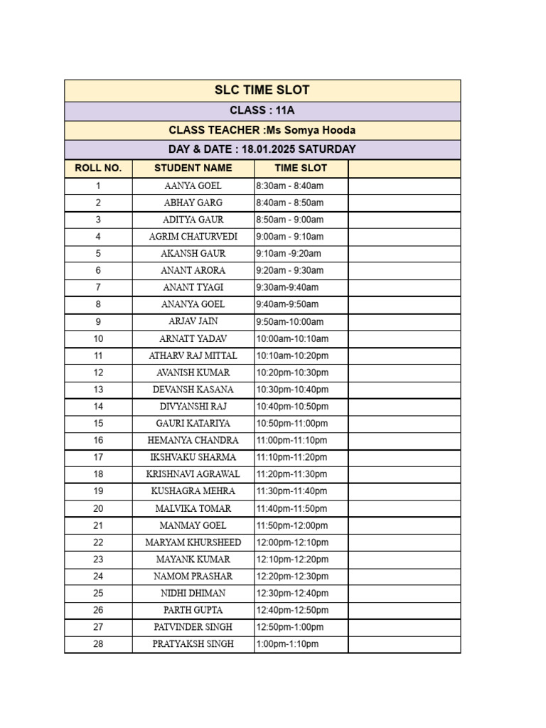 Class 11A SLC Time Slots Schedule | PDF