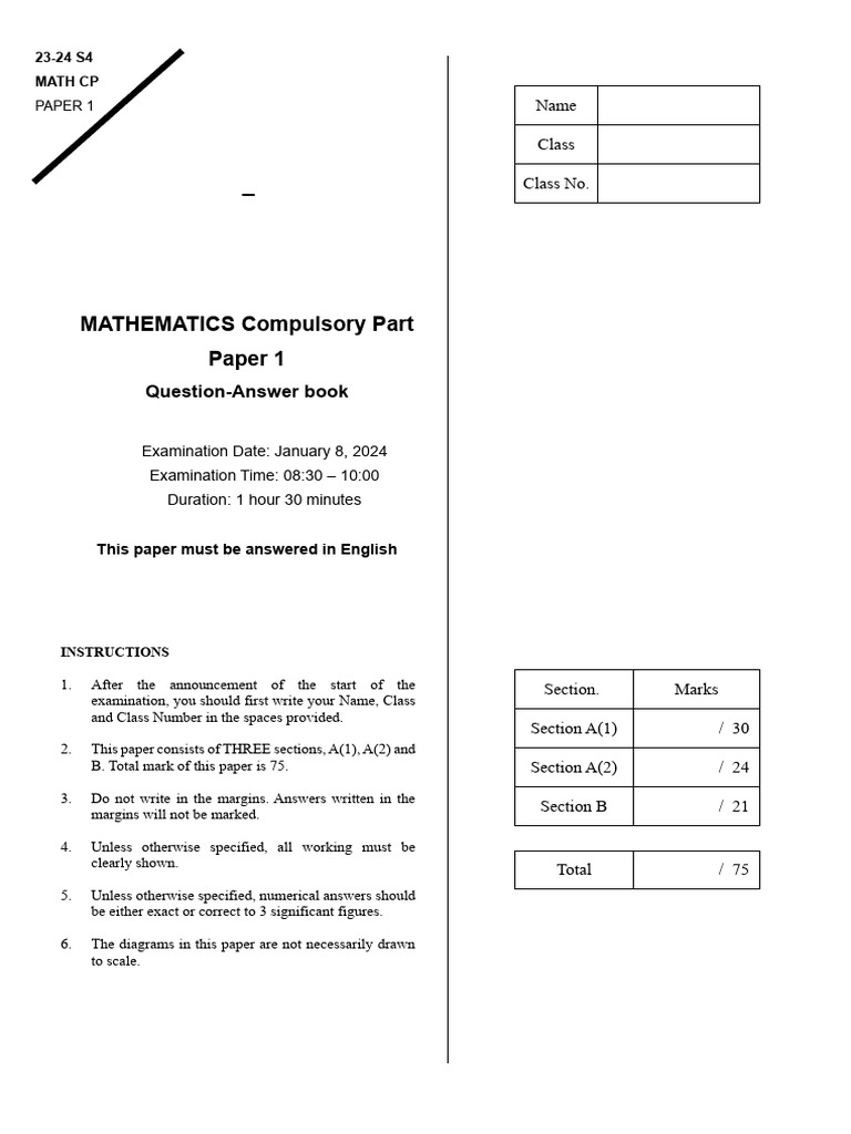 S4 Maths Exam 1 Paper 1 (23-24) Eng | PDF | Mathematics | Mathematical ...