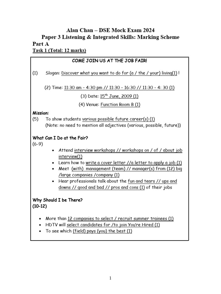 2024 DSE 模擬試 英文科卷一二三 - paper3 Marking Scheme | PDF | Syntax | Grammar