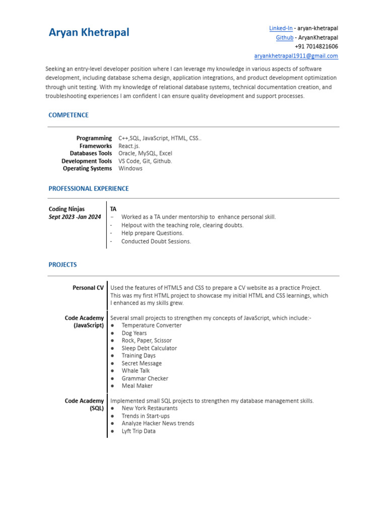 Aryan Khetrapal Resume 2024-May | PDF | Databases | Java Script