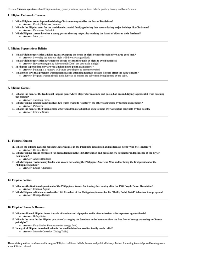 Here Are 15 Trivia Questions About Filipino Culture | PDF | Philippines