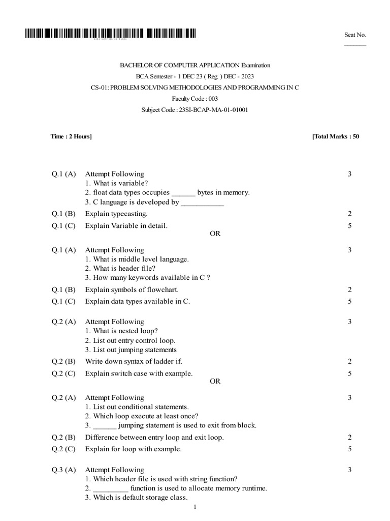 Semester 1 23SI BCAP MA 01 01001 CS 01 PROBLEM SOLVING METHODOLOGIES | PDF | Pointer (Computer ...