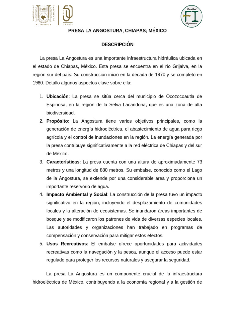 Presa La Angostura: Energía y Retos | PDF | Hidroelectricidad | Reservorio