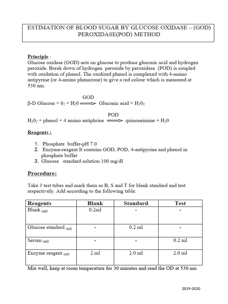 Blood Sugar Estimation via GOD-POD Method | PDF | Glucose | Hydrogen ...