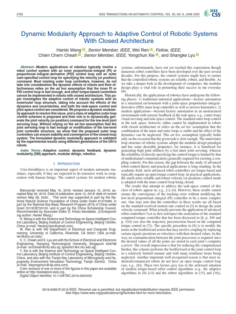 Dynamic Modularity Approach To Adaptive Control of Robotic Systems With Closed Architecture ...