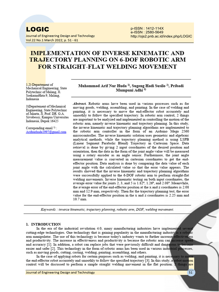 Implementation of Inverse Kinematic and Trajectory Planning On 6-Dof Robotic Arm For Straight ...