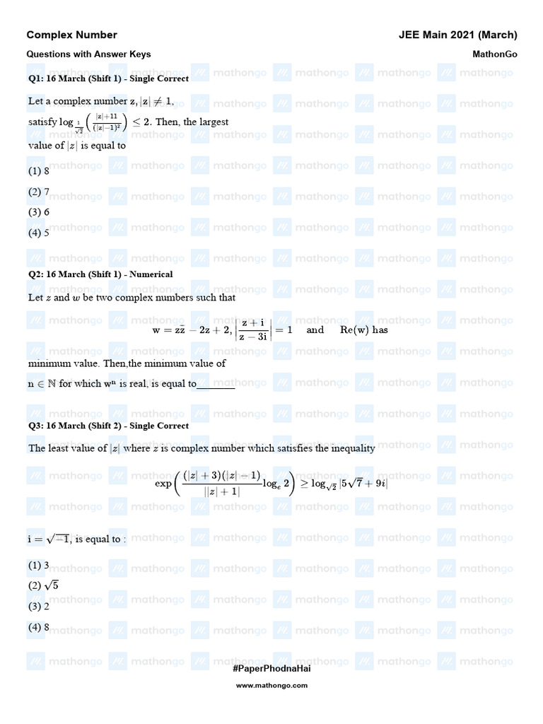 JEE Main 2021 Complex Number Solutions | PDF | Mathematical Concepts ...
