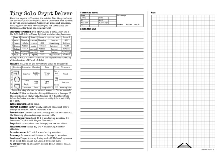 Tiny Solo Crypt Delver Playsheet v1 | PDF | Role Playing Games | Gaming