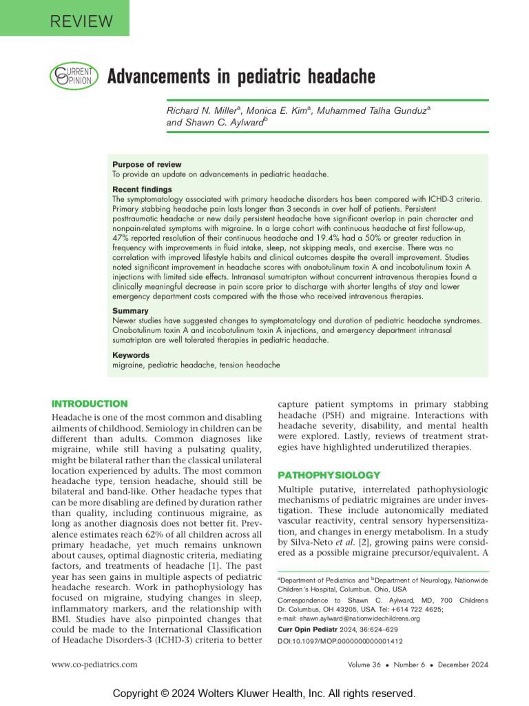 2024 Advancements in Pediatric Headache 2024 | PDF | Headache | Migraine