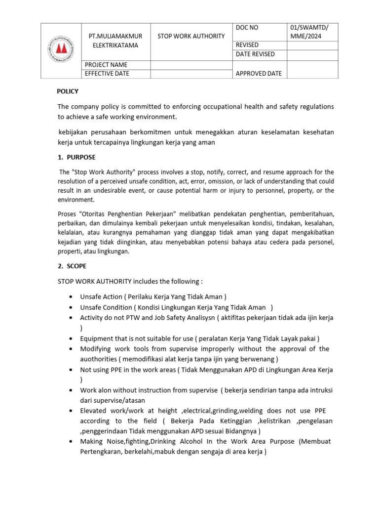 STOP WORK AUTHORITY PT.MME | PDF