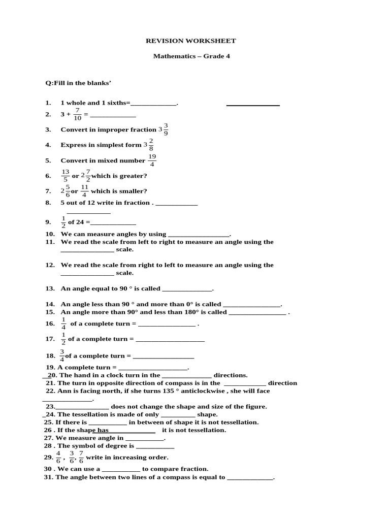 Grade 4 Math Revision Worksheet | PDF