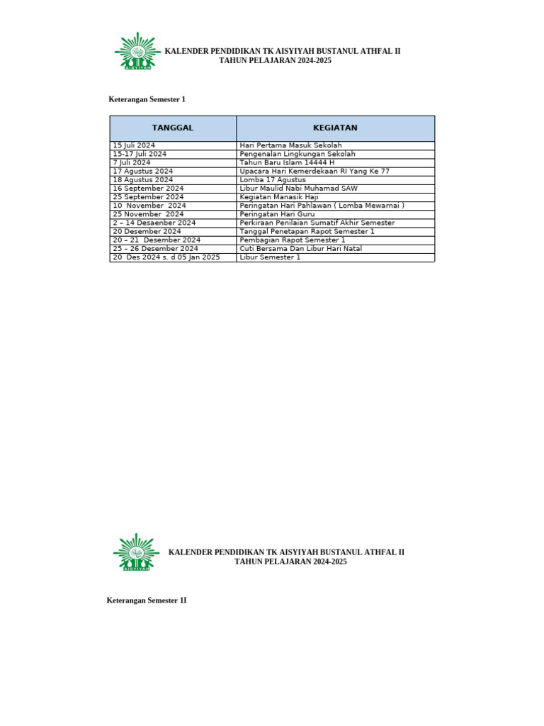 Kalender Pendidikan TK Aba Ii 2024-2025 | PDF