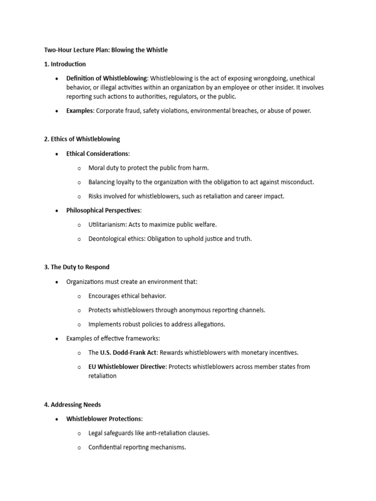 Whistleblowing Ethics Lecture Plan | PDF