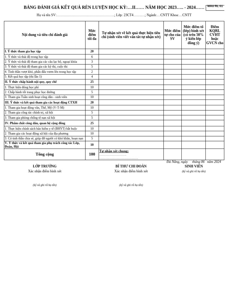 Mau RL 01 TT16 Dieu Chinh 2 | PDF